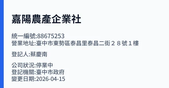 嘉陽農產企業社的照片-統編 88675253(臺中市) 公司登記資料與營業項目詳細圖表