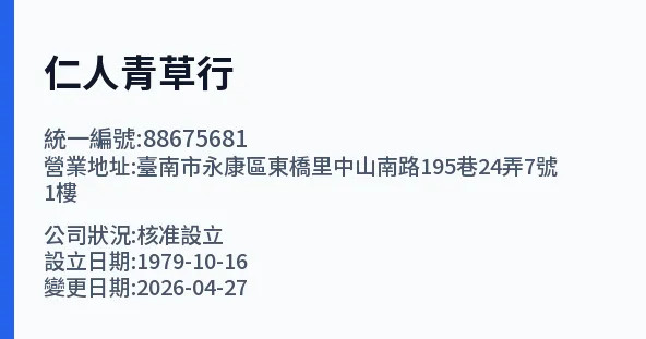仁人青草行的照片-統編 88675681(臺南市) 公司登記資料與營業項目詳細圖表