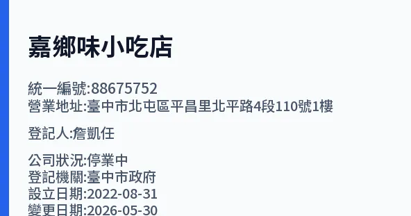 嘉鄉味小吃店的照片-統編 88675752(臺中市) 公司登記資料與營業項目詳細圖表