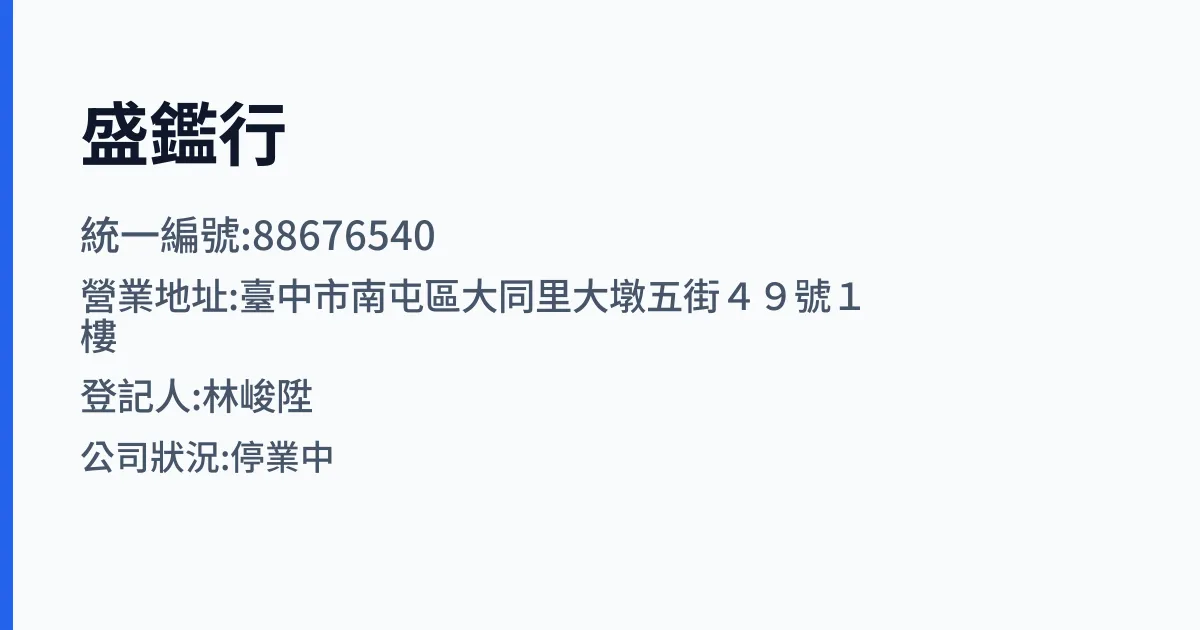 盛鑑行 - 統編 88676540(臺中市) 公司登記資料與營業項目詳細圖表