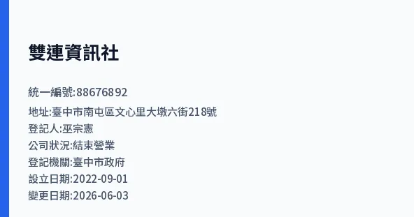 雙連資訊社的照片-統編 88676892(臺中市) 公司登記資料與營業項目詳細圖表