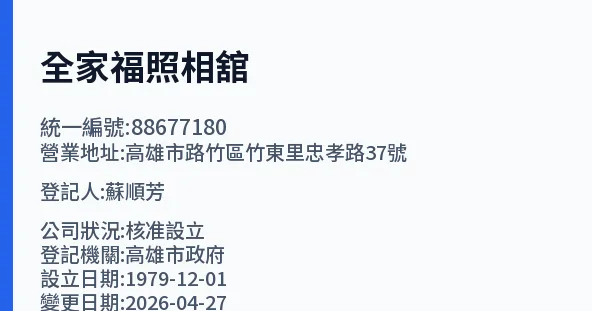 全家福照相舘的照片-統編 88677180(高雄市) 公司登記資料與營業項目詳細圖表
