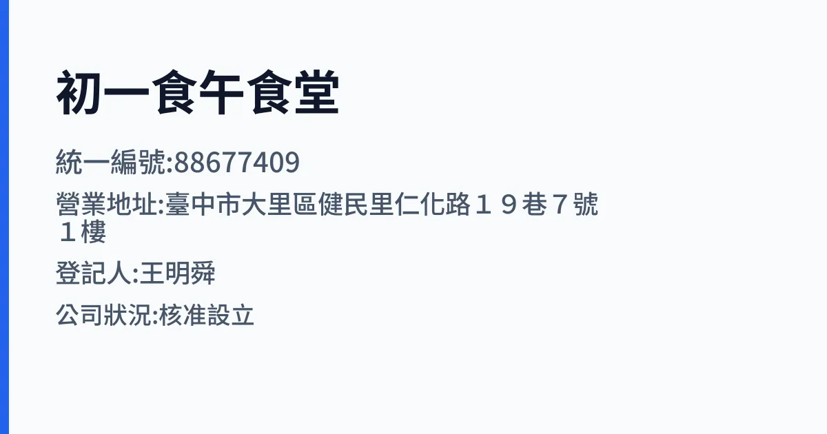 初一食午食堂 - 統編 88677409(臺中市) 公司登記資料與營業項目詳細圖表
