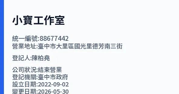 小寶工作室的照片-統編 88677442(臺中市) 公司登記資料與營業項目詳細圖表
