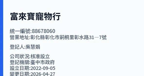 富來寶寵物行的照片-統編 88678060(彰化縣) 公司登記資料與營業項目詳細圖表