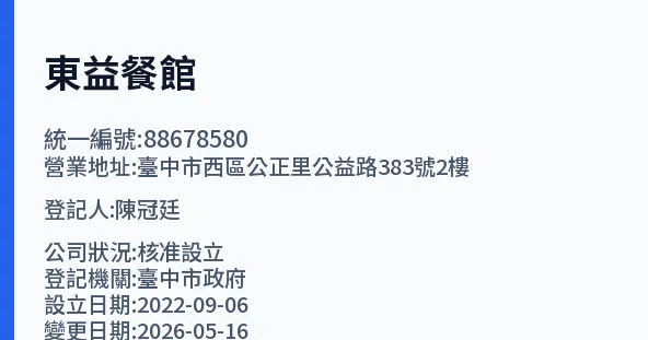 東益餐館的照片-統編 88678580(臺中市) 公司登記資料與營業項目詳細圖表