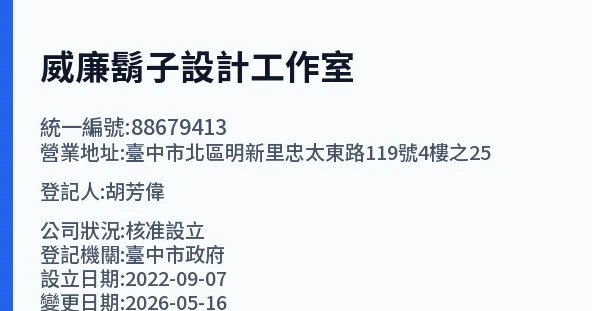 威廉鬍子設計工作室的照片-統編 88679413(臺中市) 公司登記資料與營業項目詳細圖表