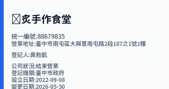 䒤炙手作食堂的照片-統編 88679835(臺中市) 公司登記資料與營業項目詳細圖表