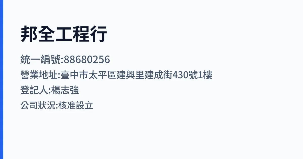 邦全工程行 - 統編 88680256(臺中市) 公司登記資料與營業項目詳細圖表
