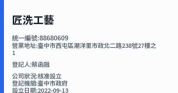 匠洗工藝的照片-統編 88680609(臺中市) 公司登記資料與營業項目詳細圖表