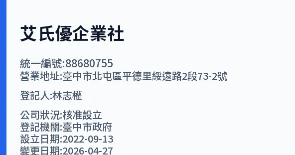 艾氏優企業社的照片-統編 88680755(臺中市) 公司登記資料與營業項目詳細圖表