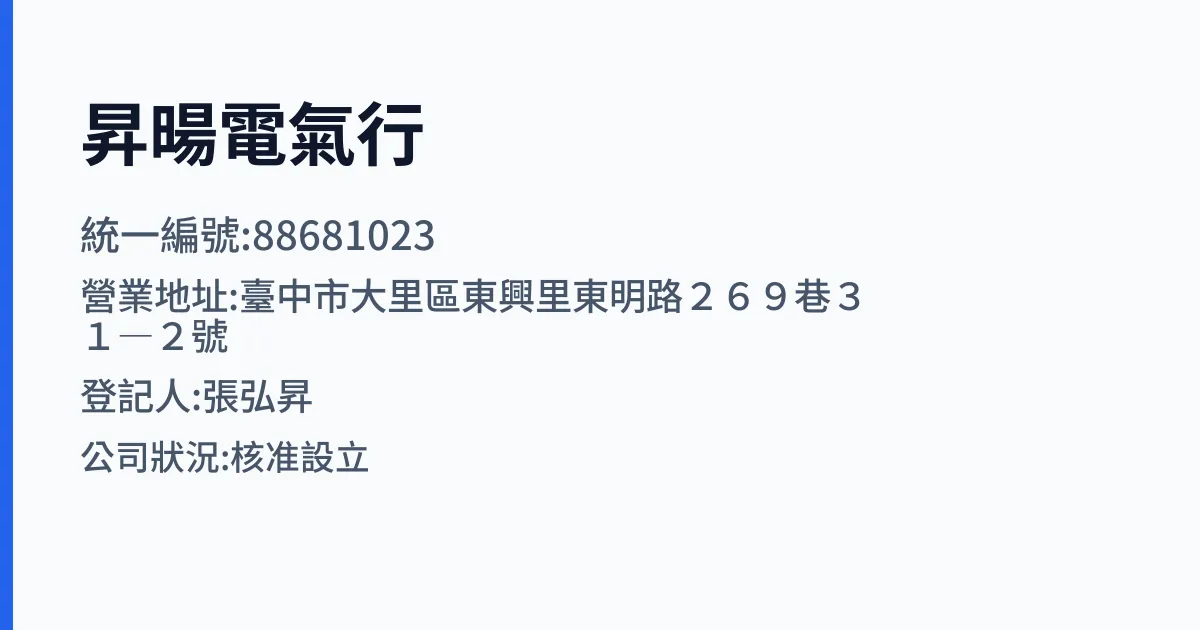 昇暘電氣行 - 統編 88681023(臺中市) 公司登記資料與營業項目詳細圖表
