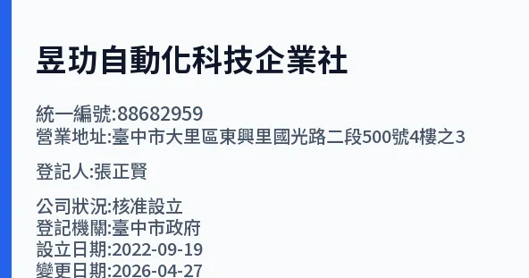 昱玏自動化科技企業社的照片-統編 88682959(臺中市) 公司登記資料與營業項目詳細圖表
