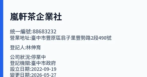 嵐軒茶企業社的照片-統編 88683232(臺中市) 公司登記資料與營業項目詳細圖表