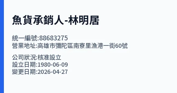 魚貨承銷人-林明居的照片-統編 88683275(高雄市) 公司登記資料與營業項目詳細圖表