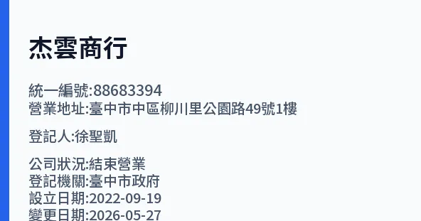 杰雲商行的照片-統編 88683394(臺中市) 公司登記資料與營業項目詳細圖表