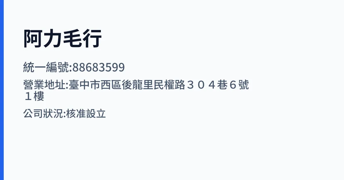 阿力毛行 - 統編 88683599(臺中市) 公司登記資料與營業項目詳細圖表