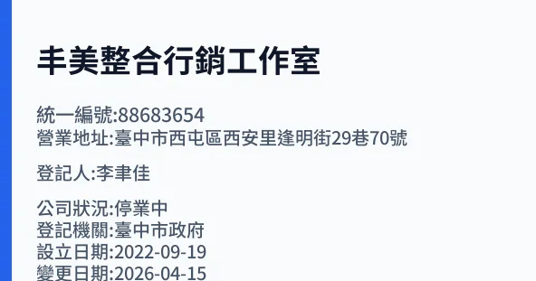 丰美整合行銷工作室的照片-統編 88683654(臺中市) 公司登記資料與營業項目詳細圖表