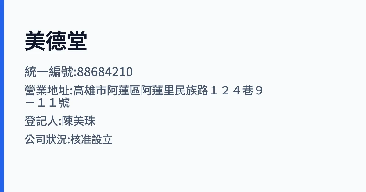 美德堂 - 統編 88684210(高雄市) 公司登記資料與營業項目詳細圖表