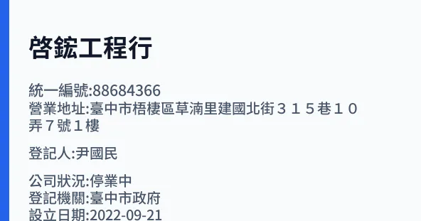 啓鋐工程行的照片-統編 88684366(臺中市) 公司登記資料與營業項目詳細圖表