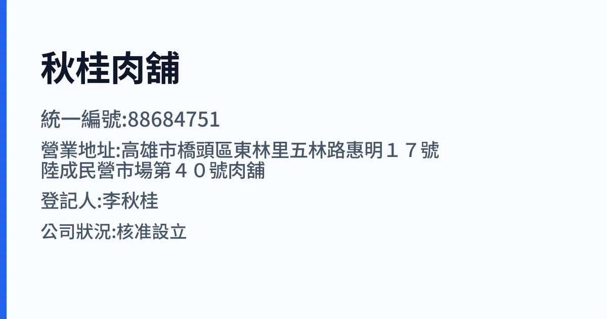 秋桂肉舖 - 統編 88684751(高雄市) 公司登記資料與營業項目詳細圖表