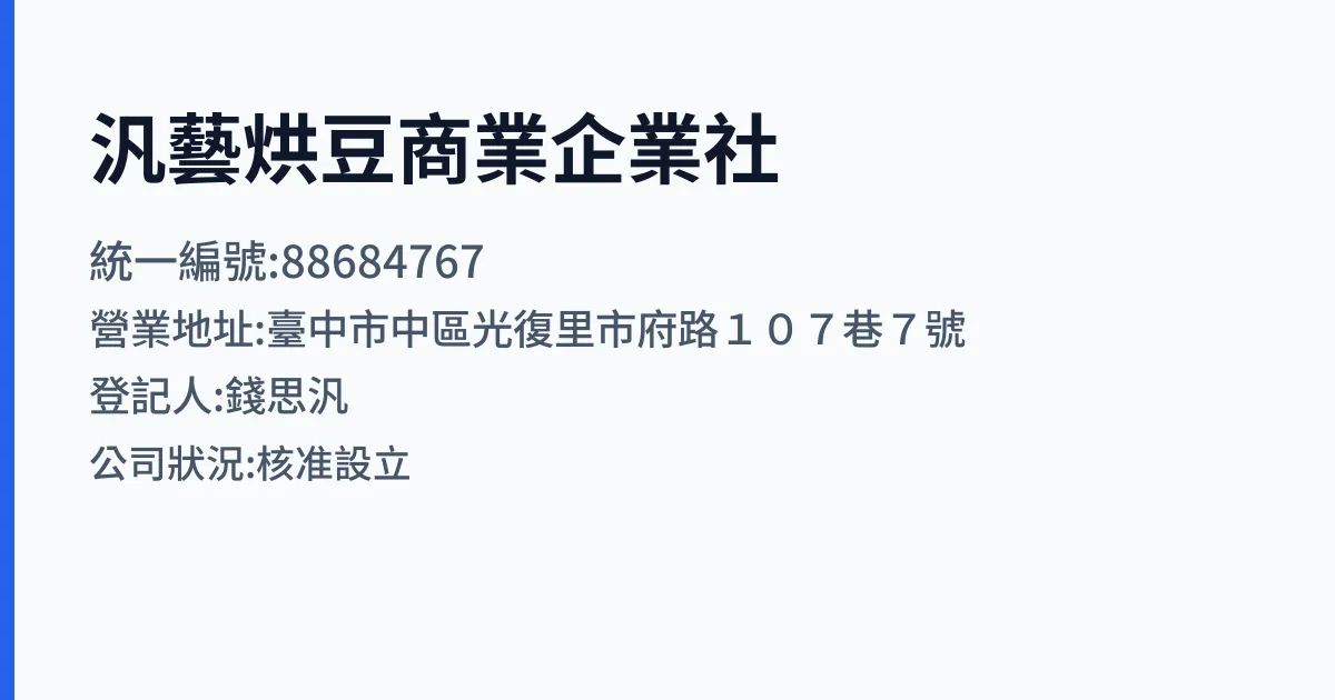 汎藝烘豆商業企業社 - 統編 88684767（臺中市） 公司登記資料與營業項目詳細圖表
