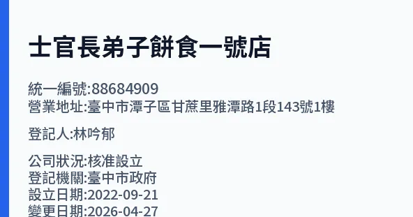 士官長弟子餅食一號店的照片-統編 88684909(臺中市) 公司登記資料與營業項目詳細圖表