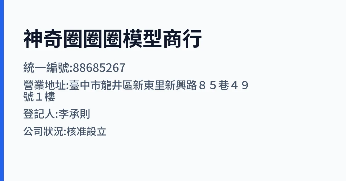 神奇圈圈圈模型商行 - 統編 88685267(臺中市) 公司登記資料與營業項目詳細圖表