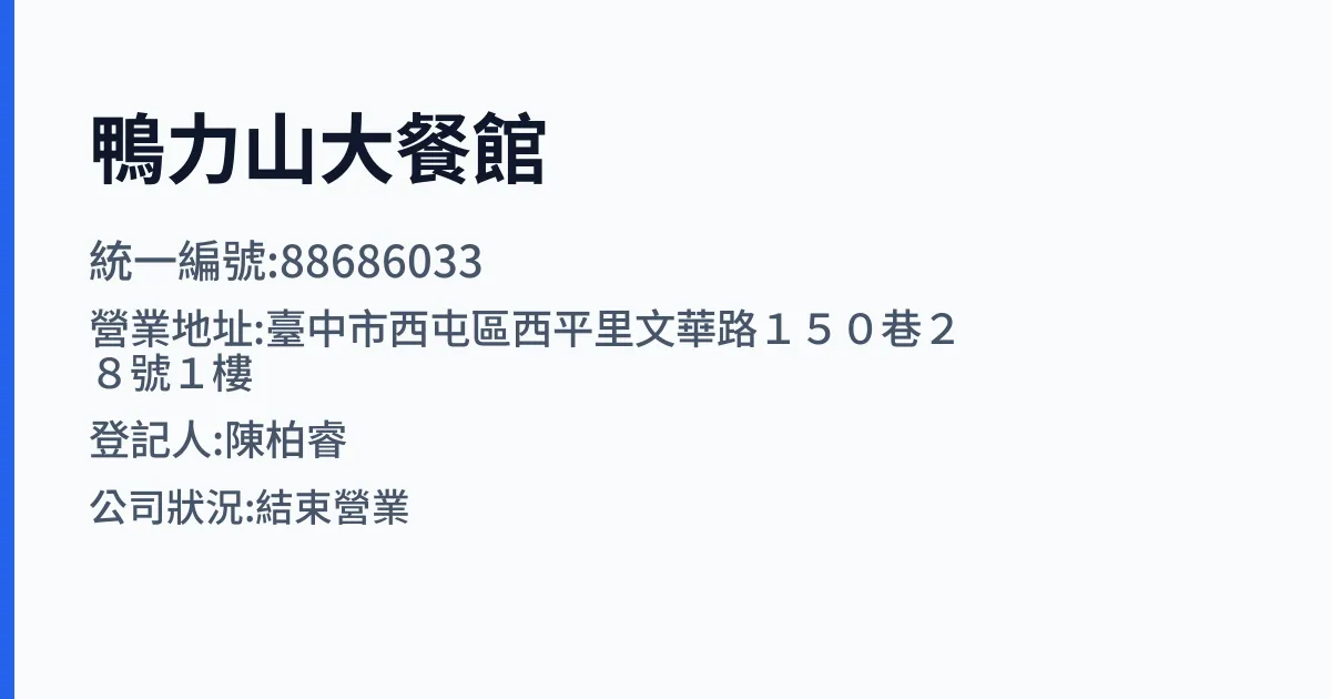 鴨力山大餐館 - 統編 88686033(臺中市) 公司登記資料與營業項目詳細圖表