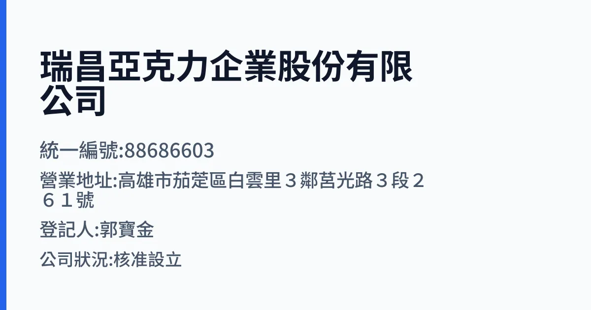 瑞昌亞克力企業股份有限公司 - 統編 88686603(高雄市) 公司登記資料與營業項目詳細圖表