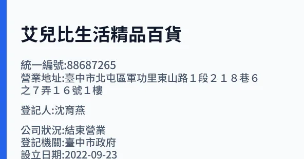 艾兒比生活精品百貨的照片-統編 88687265(臺中市) 公司登記資料與營業項目詳細圖表