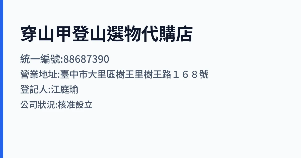 穿山甲登山選物代購店 - 統編 88687390(臺中市) 公司登記資料與營業項目詳細圖表
