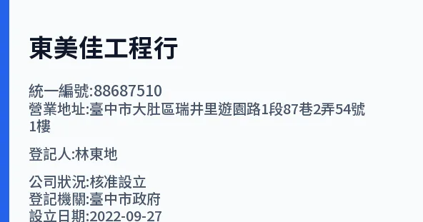 東美佳工程行的照片-統編 88687510(臺中市) 公司登記資料與營業項目詳細圖表