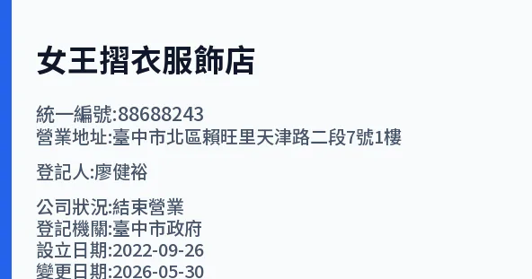 女王摺衣服飾店的照片-統編 88688243(臺中市) 公司登記資料與營業項目詳細圖表