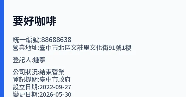 要好咖啡的照片-統編 88688638(臺中市) 公司登記資料與營業項目詳細圖表