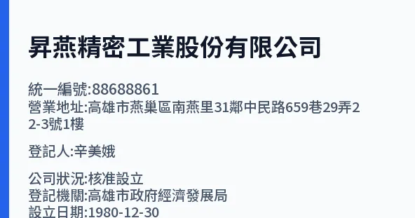 昇燕精密工業股份有限公司的照片-統編 88688861(高雄市) 公司登記資料與營業項目詳細圖表