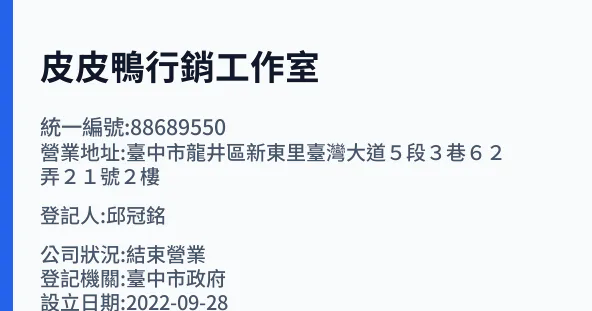 皮皮鴨行銷工作室的照片-統編 88689550(臺中市) 公司登記資料與營業項目詳細圖表