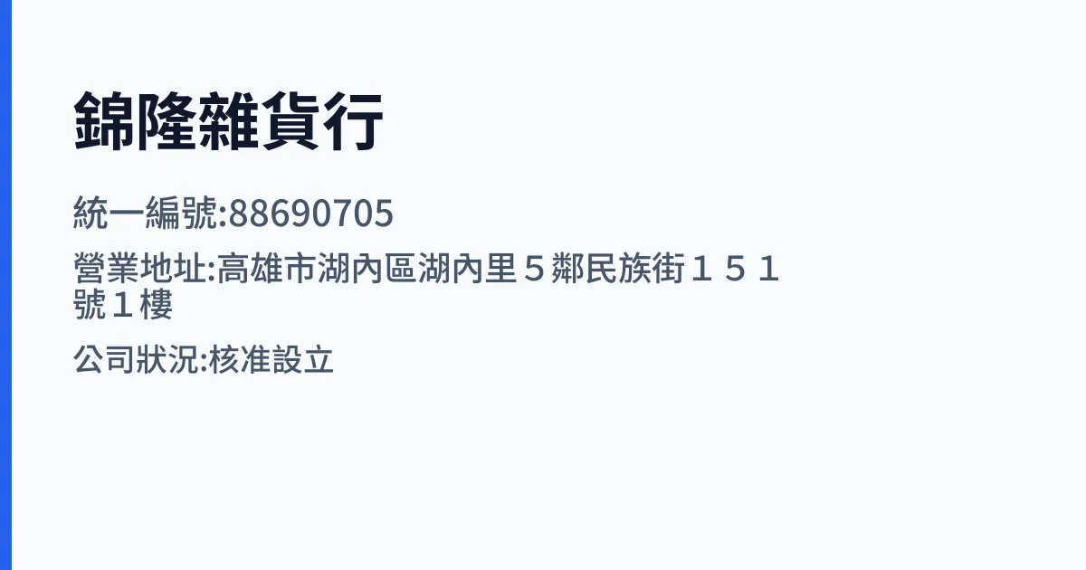錦隆雜貨行 - 統編 88690705(高雄市) 公司登記資料與營業項目詳細圖表
