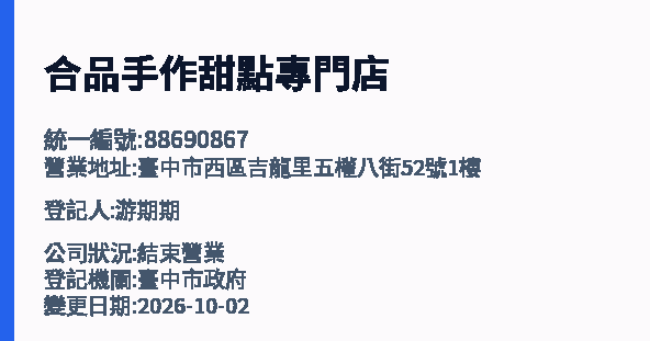 合品手作甜點專門店的照片-統編 88690867(臺中市) 公司登記資料與營業項目詳細圖表