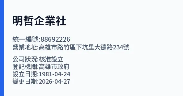 明哲企業社的照片-統編 88692226(高雄市) 公司登記資料與營業項目詳細圖表
