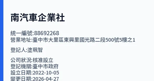 南汽車企業社的照片-統編 88692268(臺中市) 公司登記資料與營業項目詳細圖表