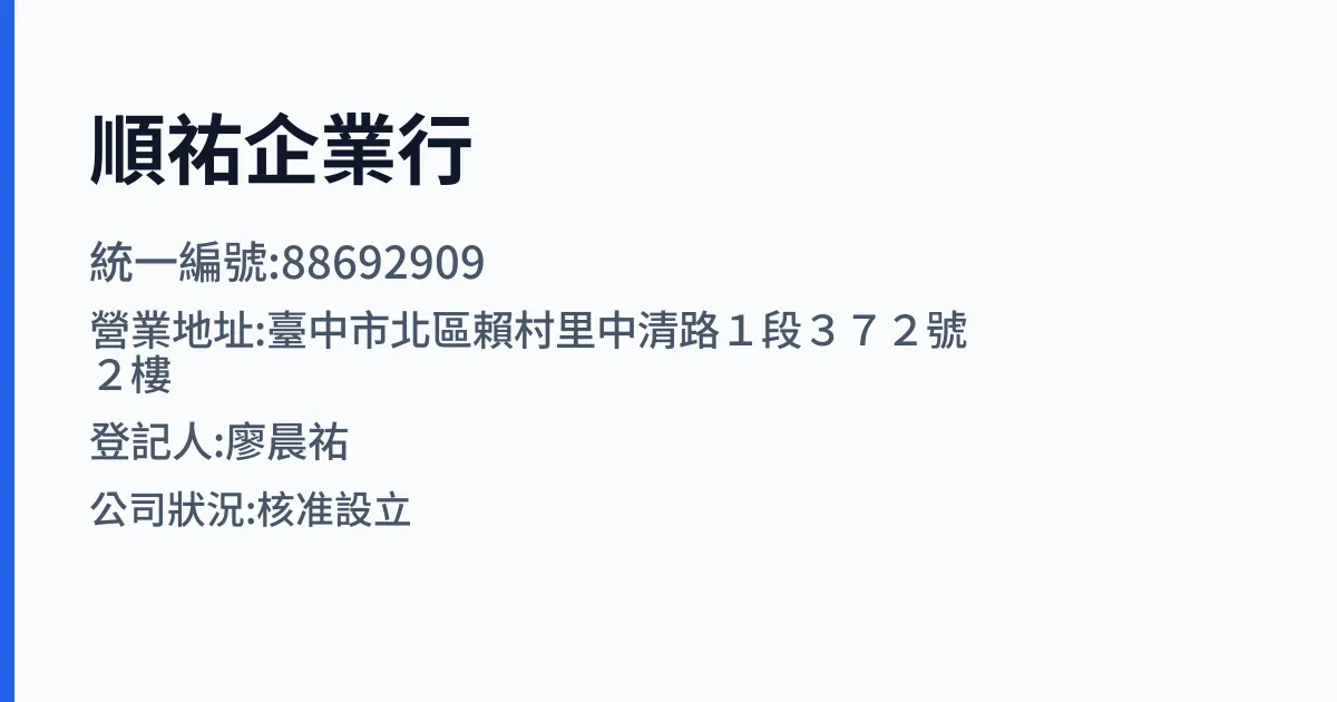 順祐企業行 - 統編 88692909(臺中市) 公司登記資料與營業項目詳細圖表