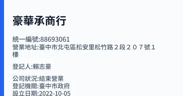 豪華承商行的照片-統編 88693061(臺中市) 公司登記資料與營業項目詳細圖表