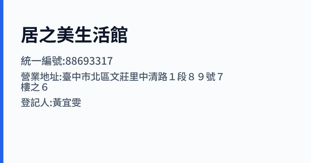 居之美生活館 - 統編 88693317(臺中市) 公司登記資料與營業項目詳細圖表