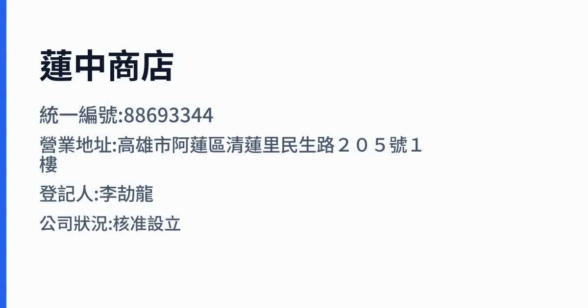 蓮中商店 - 統編 88693344(高雄市) 公司登記資料與營業項目詳細圖表