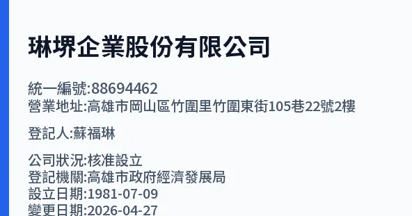 琳堺企業股份有限公司的照片-統編 88694462(高雄市) 公司登記資料與營業項目詳細圖表