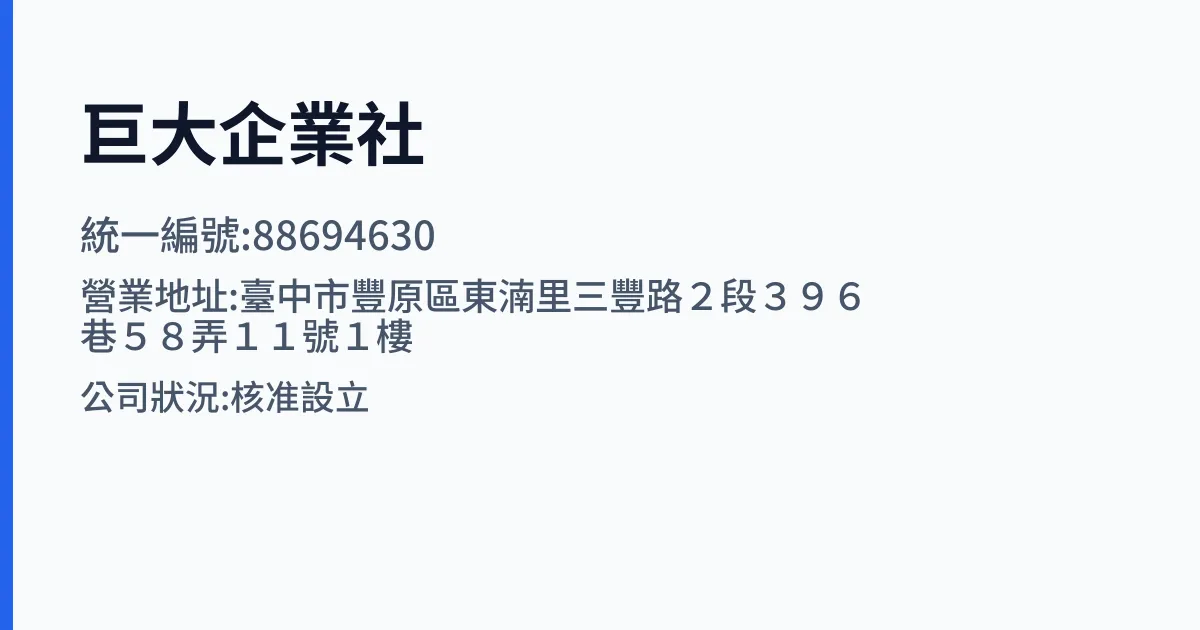 巨大企業社 - 統編 88694630(臺中市) 公司登記資料與營業項目詳細圖表
