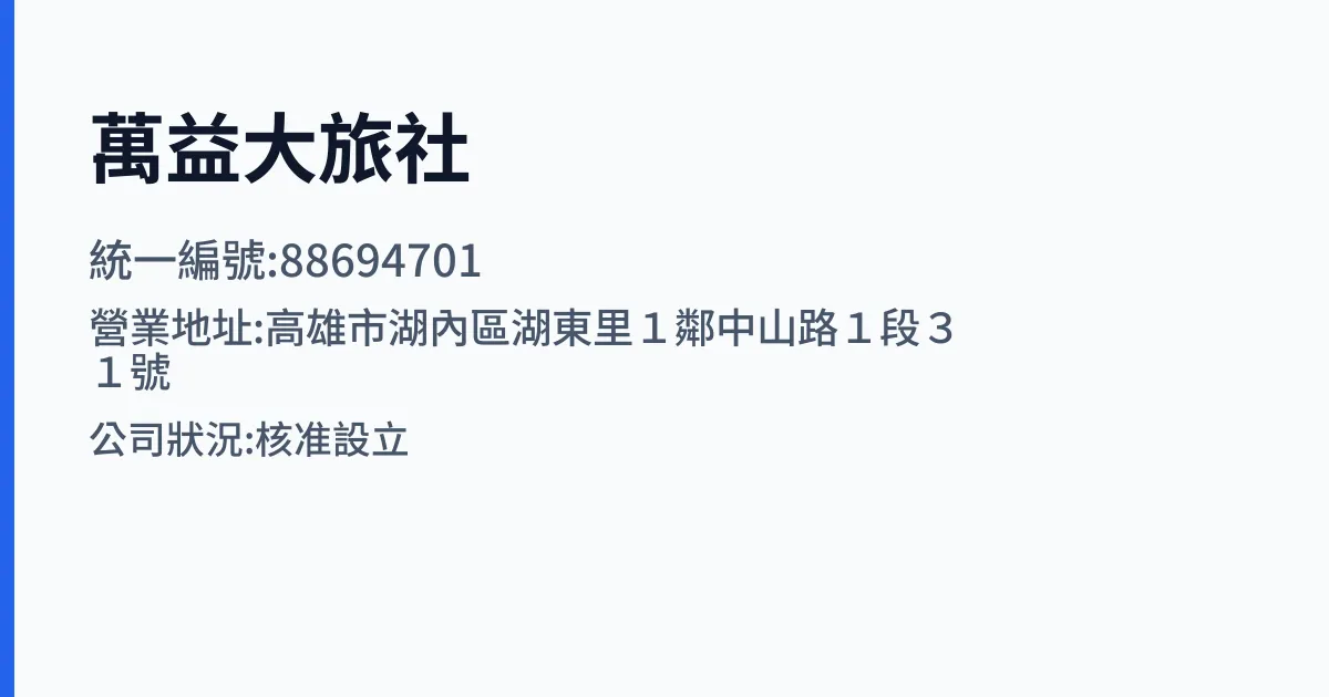 萬益大旅社 - 統編 88694701(高雄市) 公司登記資料與營業項目詳細圖表
