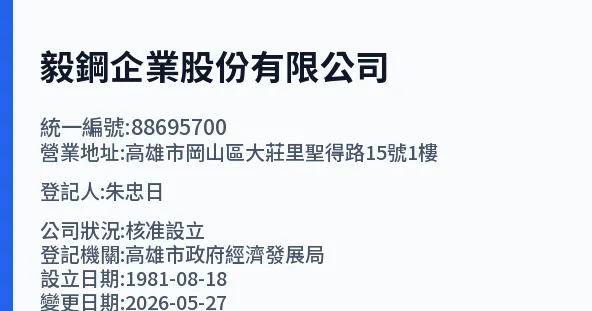 毅鋼企業股份有限公司的照片-統編 88695700(高雄市) 公司登記資料與營業項目詳細圖表