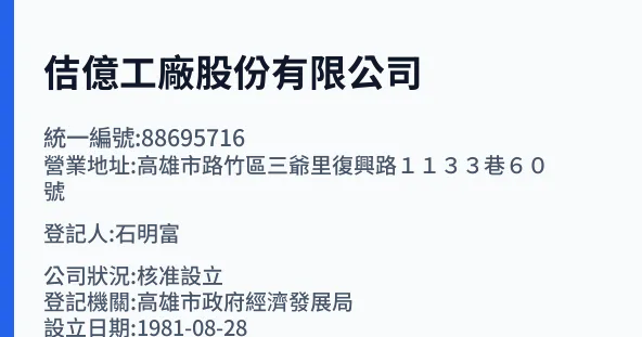 佶億工廠股份有限公司的照片-統編 88695716(高雄市) 公司登記資料與營業項目詳細圖表